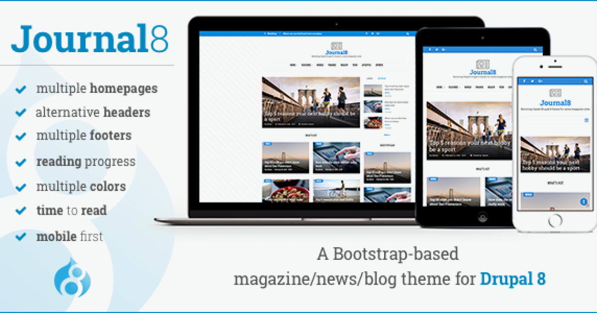 Journal8: Responsive and Stylish Mobile-First Drupal 8 Theme